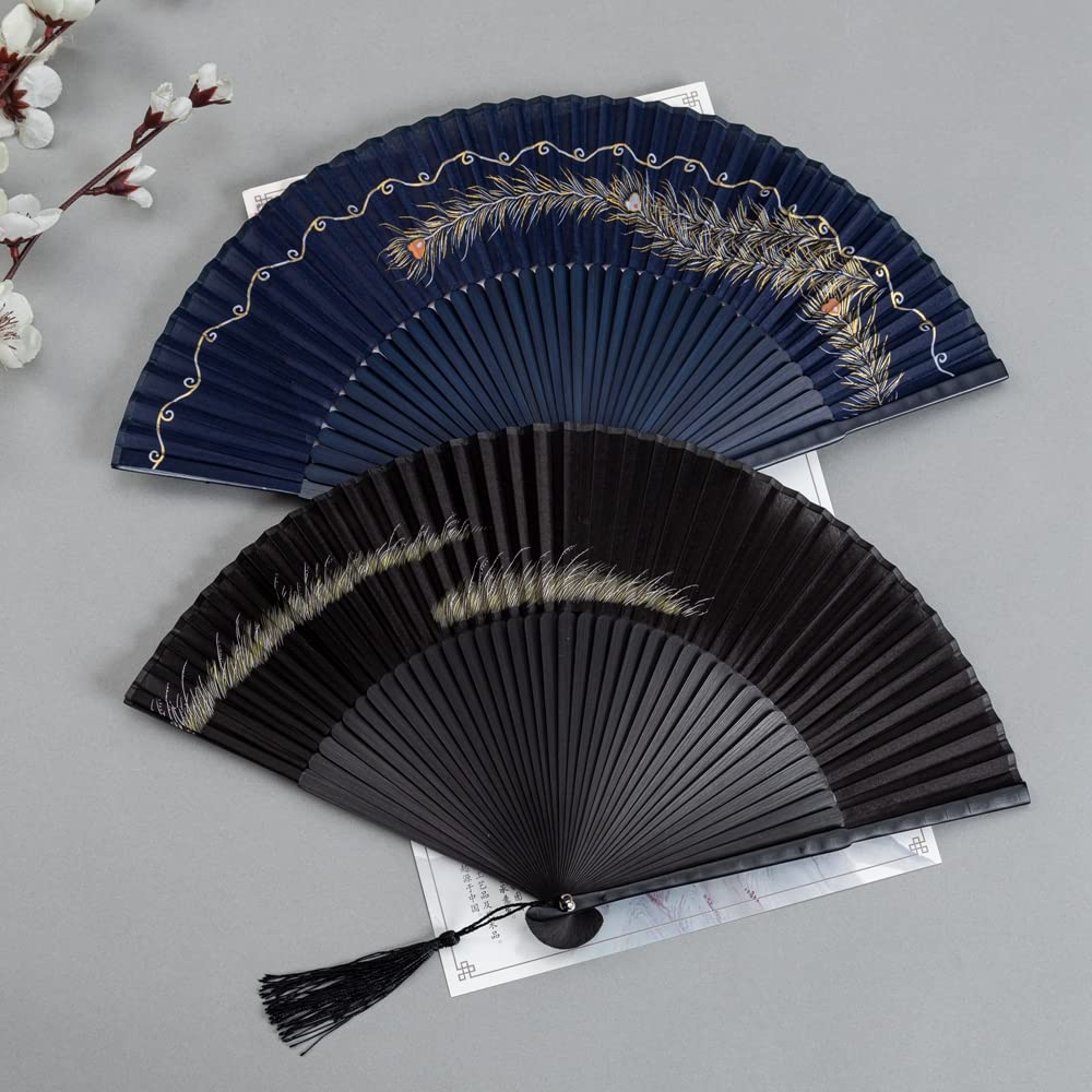 Folding Fan Chinese Wind 7 Inch Folding Fan Classical Retro Wind Peacock Feather Men and Women Cheongsam Portable Dance Fan (Color : LK0003A02)
