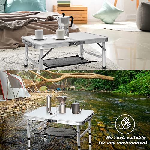 Folding Table Small Lightweight Portable Aluminum Camping Table Mini Foldable Table with Adjustable Height Legs for Picnic Cooking Beach, 2ft and 3 Heights