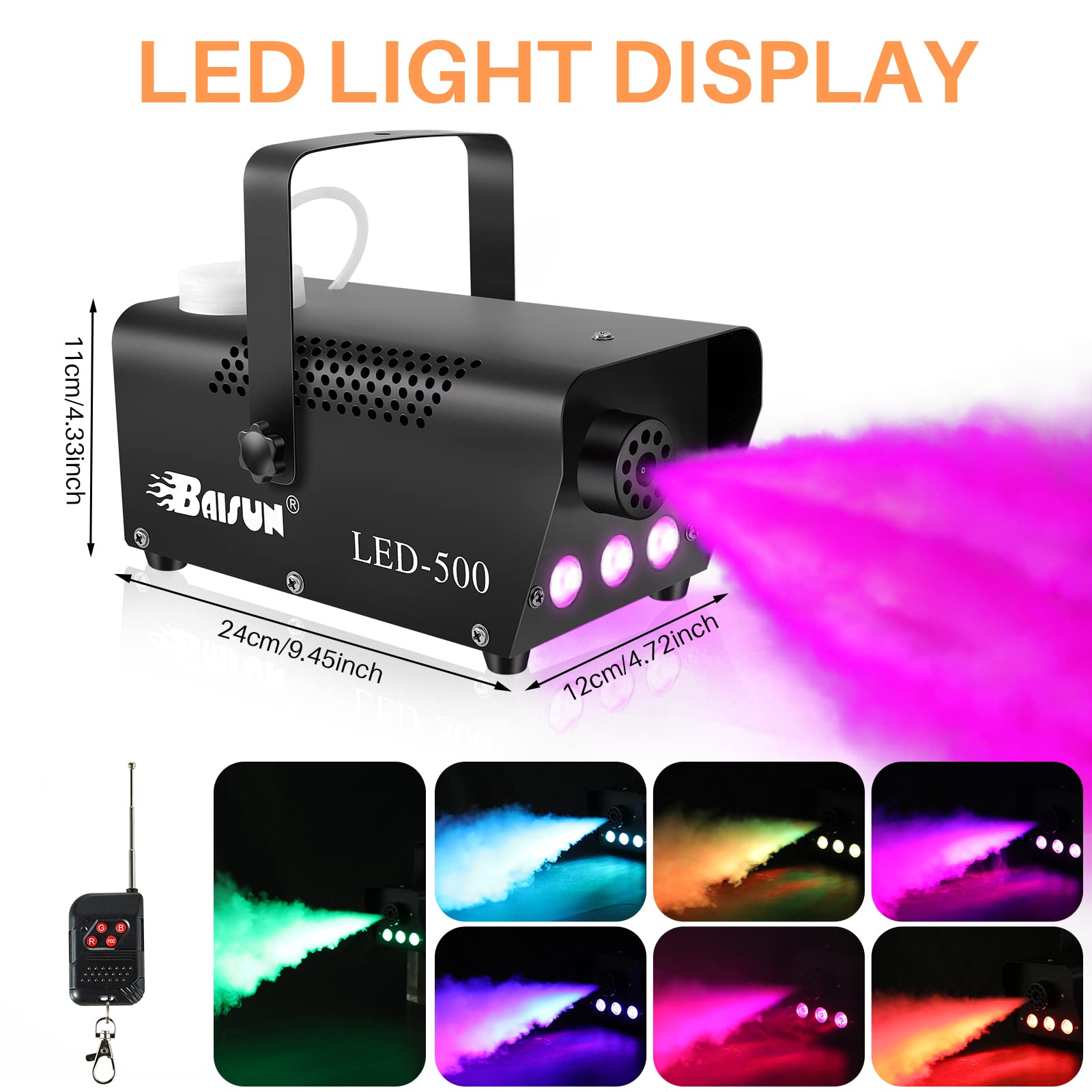 Fog Machine With LED Lights Baisun 500W Wireless Remote Control Smoke Machine For Wedding Christmas Halloween Birthday Party