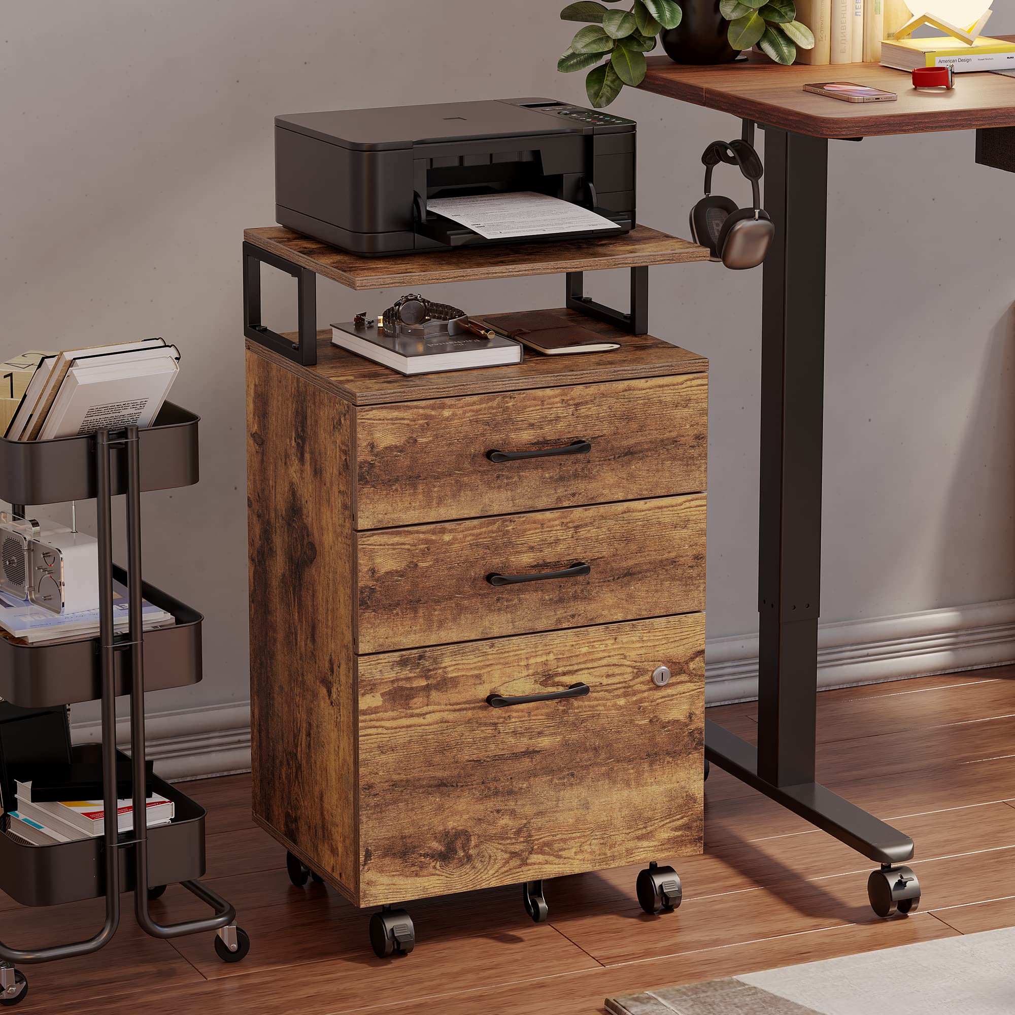 FEZIBO File Storage Rolling Cabinet with Lock for Home Office, 3-Drawer, A4/Letter/Legal Size, Printer Stand, Wooden, Rustic Brown