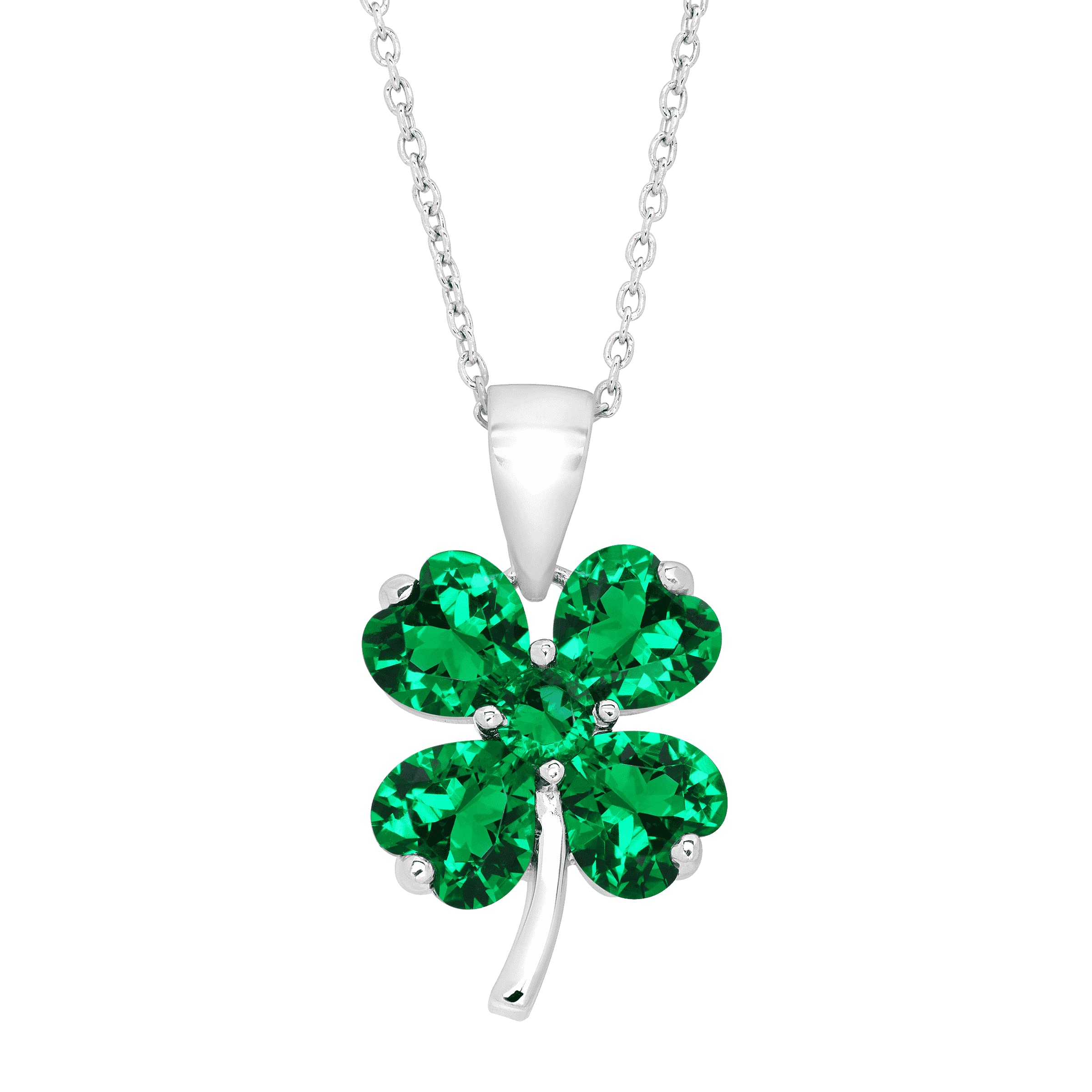 Finecraft Shamrock Clover Pendant Necklace with Green Cubic Zirconia in Sterling Silver, 18"