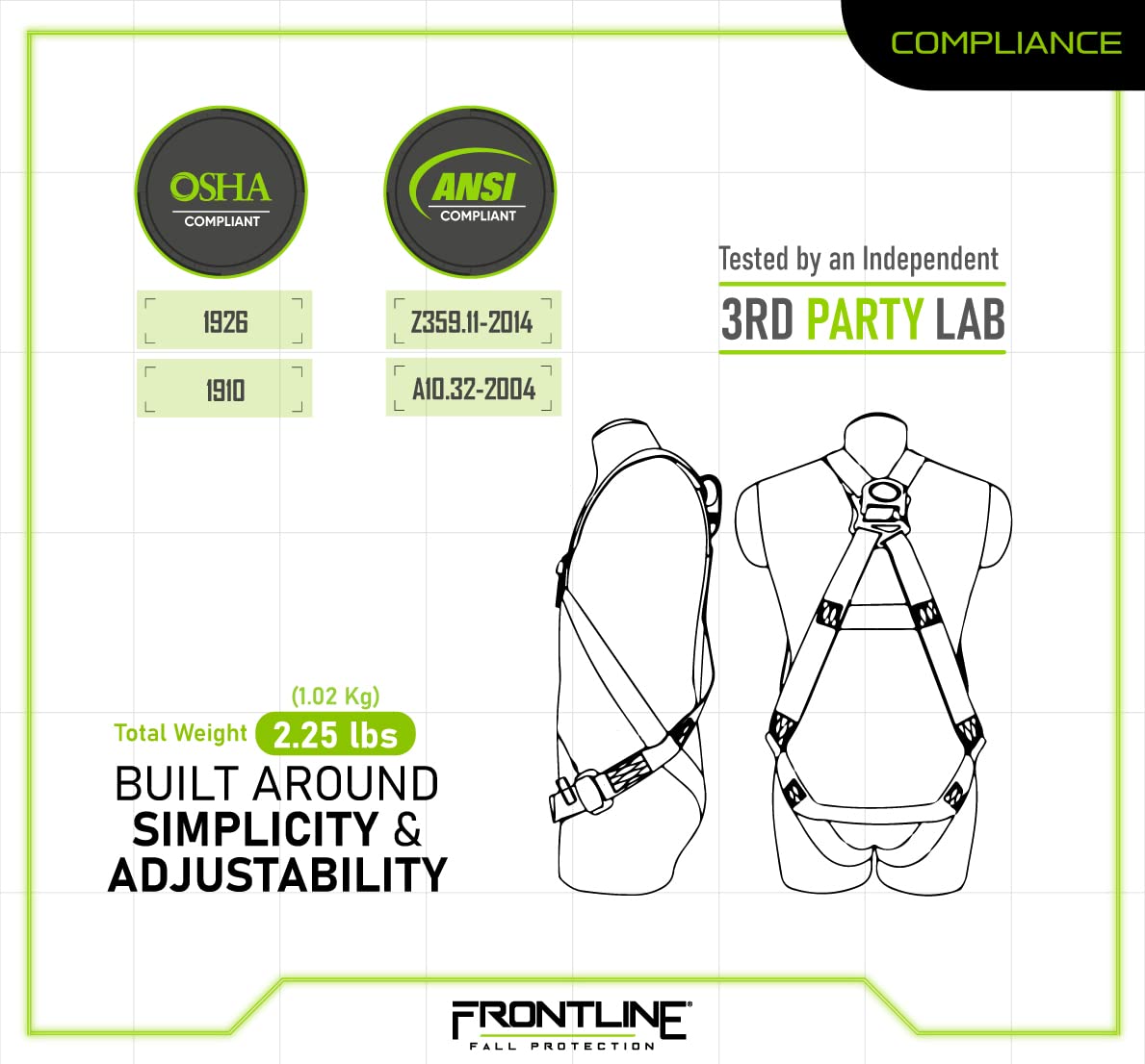 Frontline 100VMB Combat™ Economy Series Full Body Harnes (Universal) | OSHA and ANSI Compliant | Full Body Harness | Back d-ring | 3 points of adjustability | OSHA & ANSI Compliant