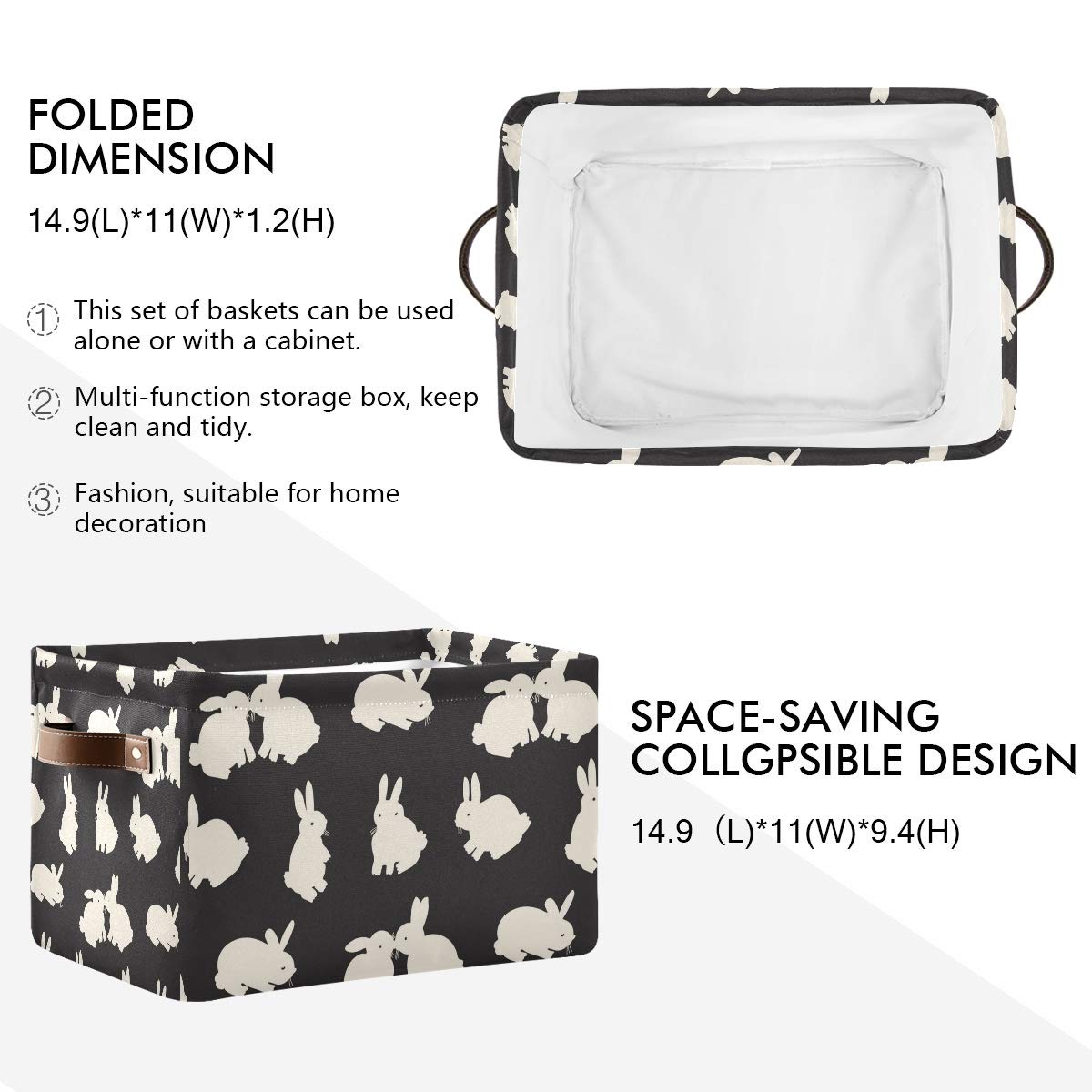 HMZXZ Cute Rabbit Bunny Canvas Fabric Storage Basket Collapsible Toys Storage Bin with PU Leather Handles Basket Box Organizer for Wardrobe Closet Shelves Organiser