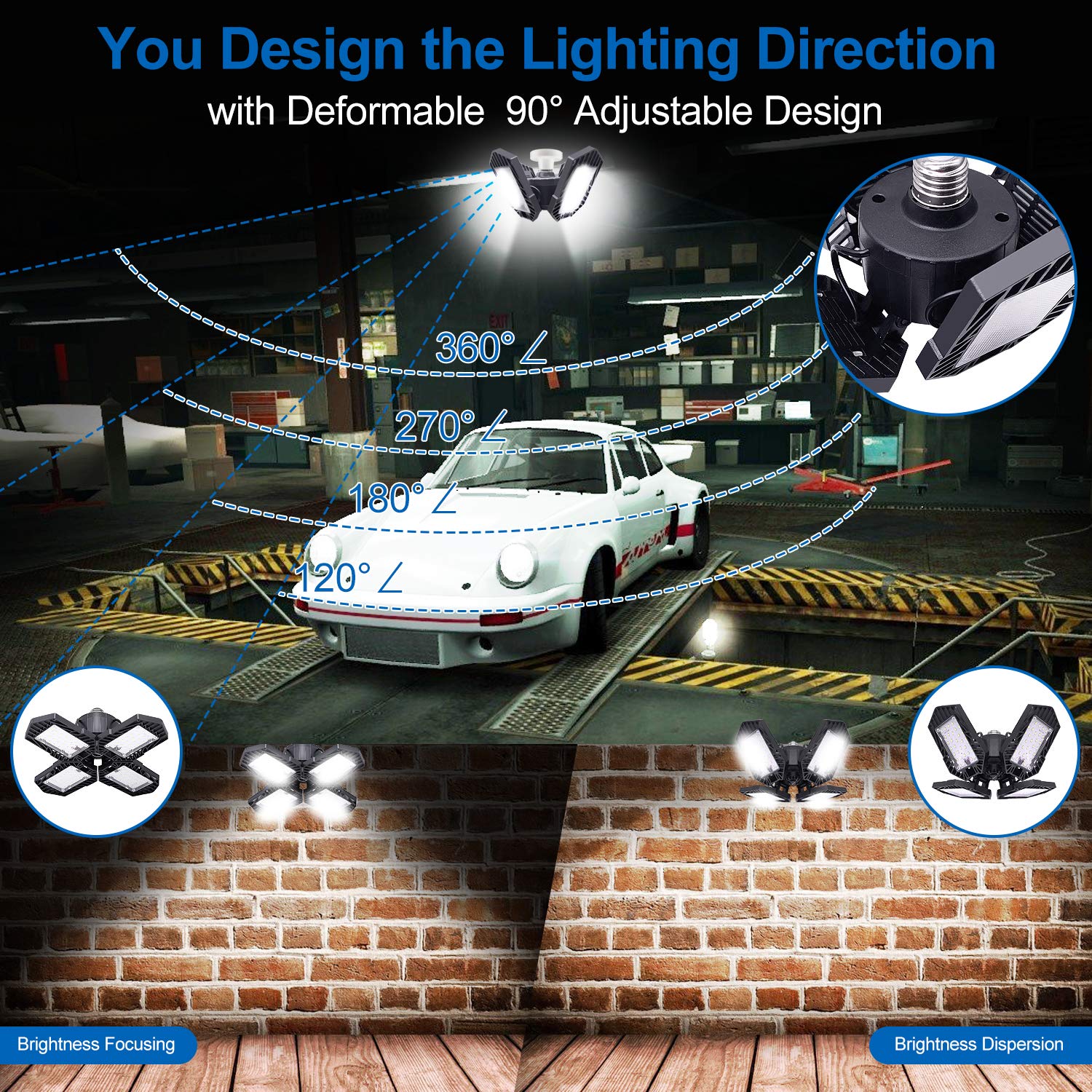 Garage Light, 2020 Updated Four Leaf Garage Light Deformable Led Garage Lights 60W LED Garage Lights 6000 Lumens Garage Ceiling Light CRI 80 Led Light for Garage Workshop Basement Laundry Room-Black