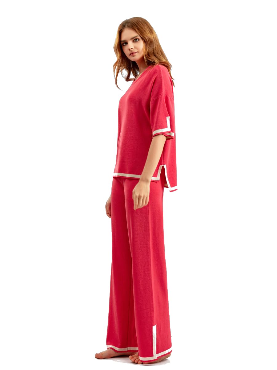 FuQiBasics Womens Knit 2 Piece Sweater Sets Short Sleeve Pullover Tops Elastic Waist Wide Leg Pants Lounge Set (Rose Medium)