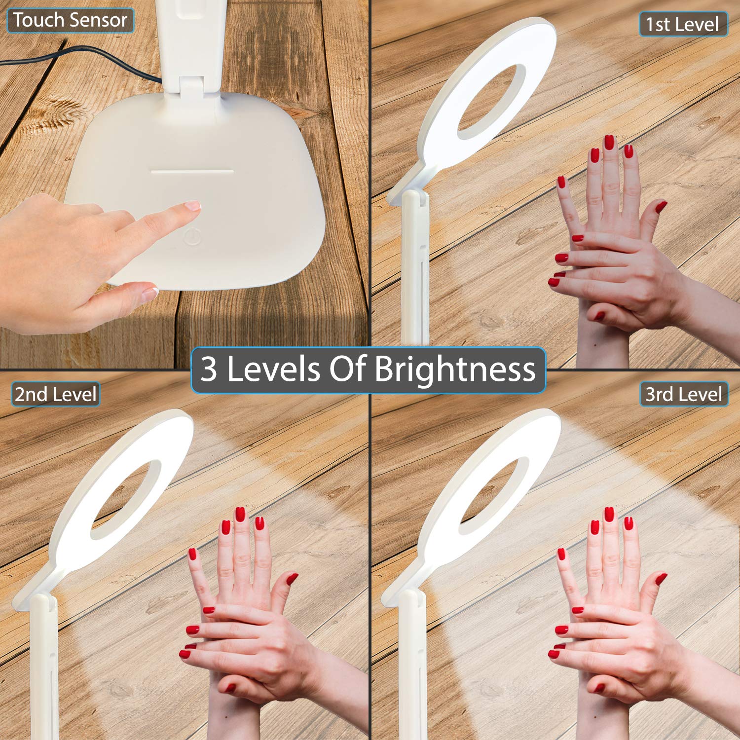 Fugetek LED Round Desk Table Lamp, Eye-Caring Dimmable, 54 Recessed LEDs, One Touch Sensor Panel, 3 Lighting Modes, Adjustable Angles, for Office, Home, Dorm, White
