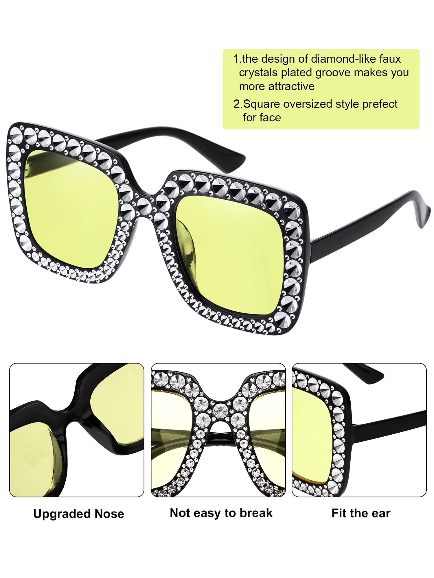 Frienda Crystal Oversized Sunglasses Square Diamond Sunglasses Rhinestone Frame Sunglasses for Women (Chic Colors,12 Pairs)