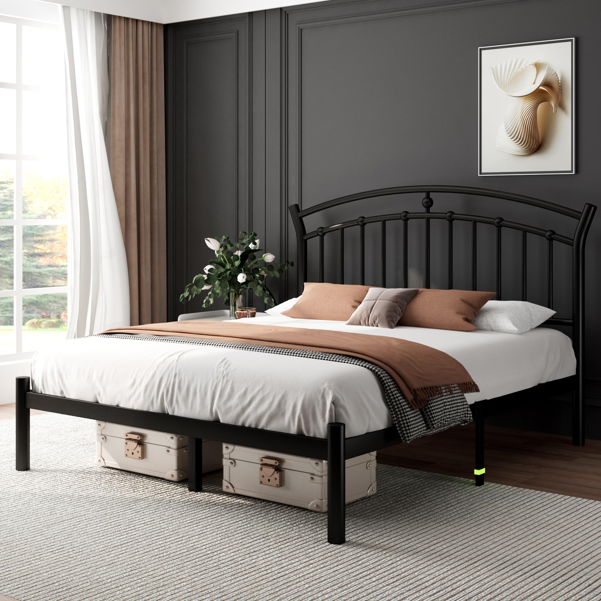 Feonase Queen Black Bed Frame, Heavy-duty Metal Bed Frame with 13 Hardened Steel Slats, 12" Under-Bed Storage, Noise-Free, Easy Assembly