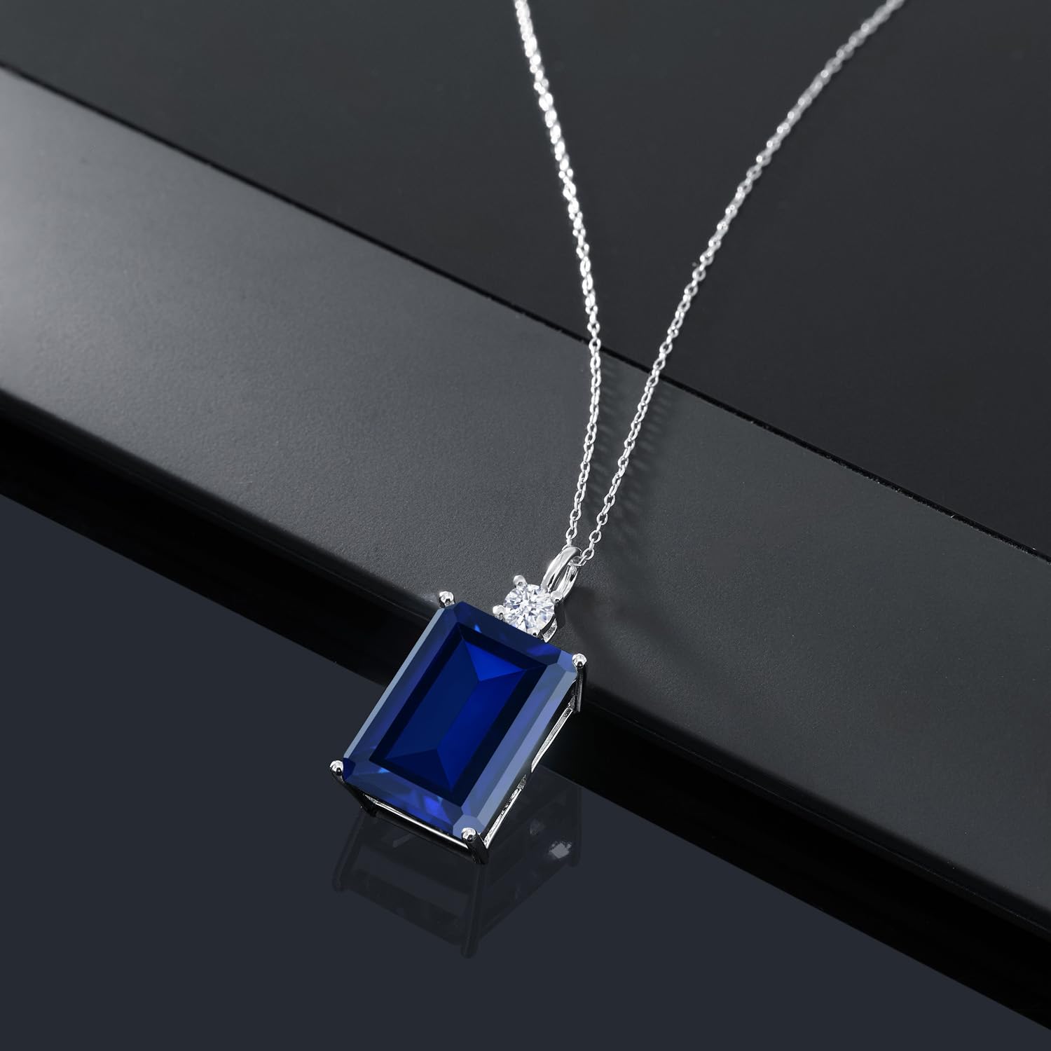 Gem Stone King 17.50 Cttw Blue Created Sapphire Pendant Necklace For Women In 925 Sterling Silver | Emerald Cut 18X13MM | With 18 Inch Silver Chain