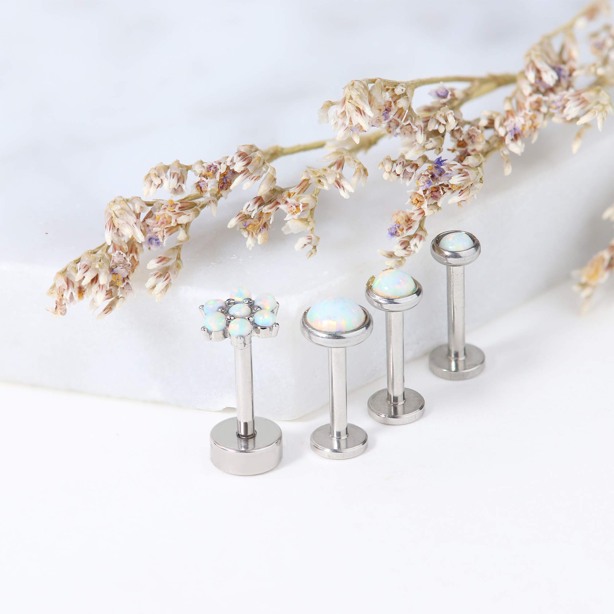 FIBO STEEL 4 Pcs 16G Stainless Steel Cartilage Stud Earrings for Women Opal Targus Helix Daith Conch Ear Piercing Jewelry 6mm