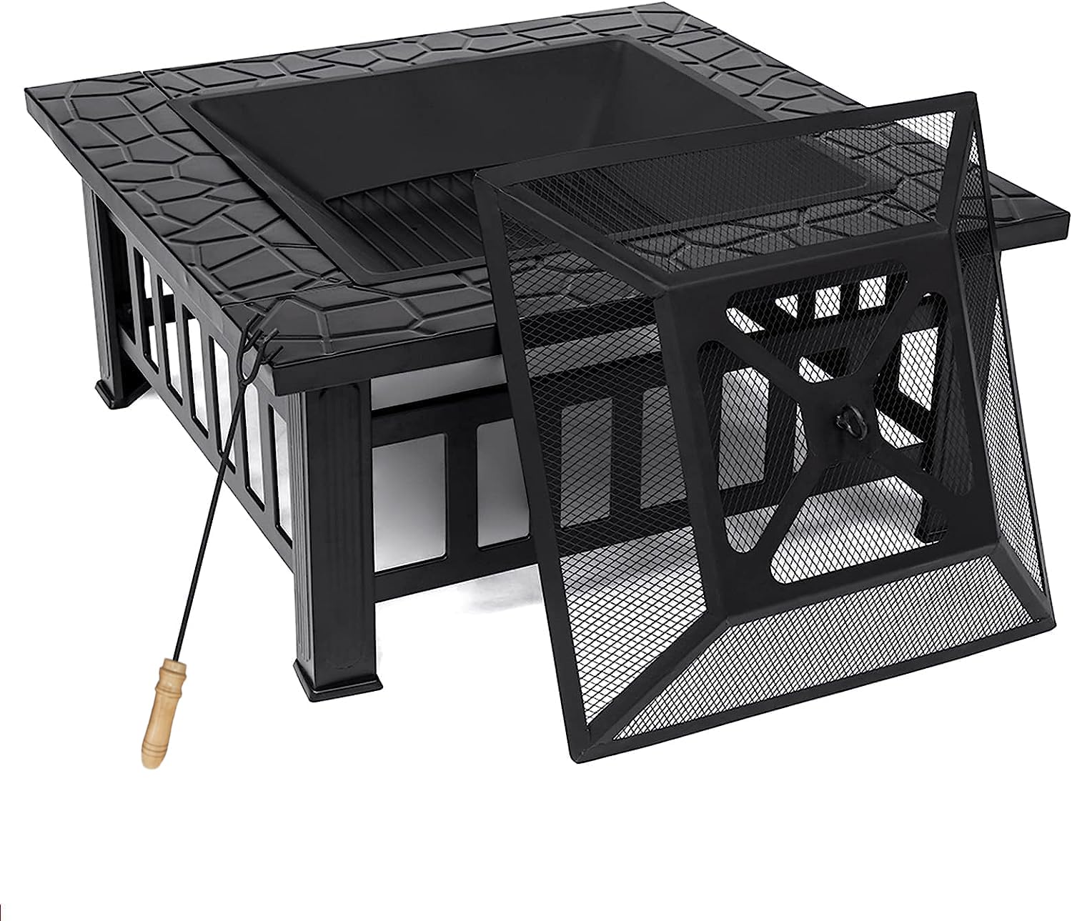Fire Pit 32'' Wood Burning Firepit Metal Square Outdoor Fire Tables Steel Fire Pit Bowl with Spark Screen Cover, Poker Log Grate for Patio Bonfire Camping Backyard Garden Picnic