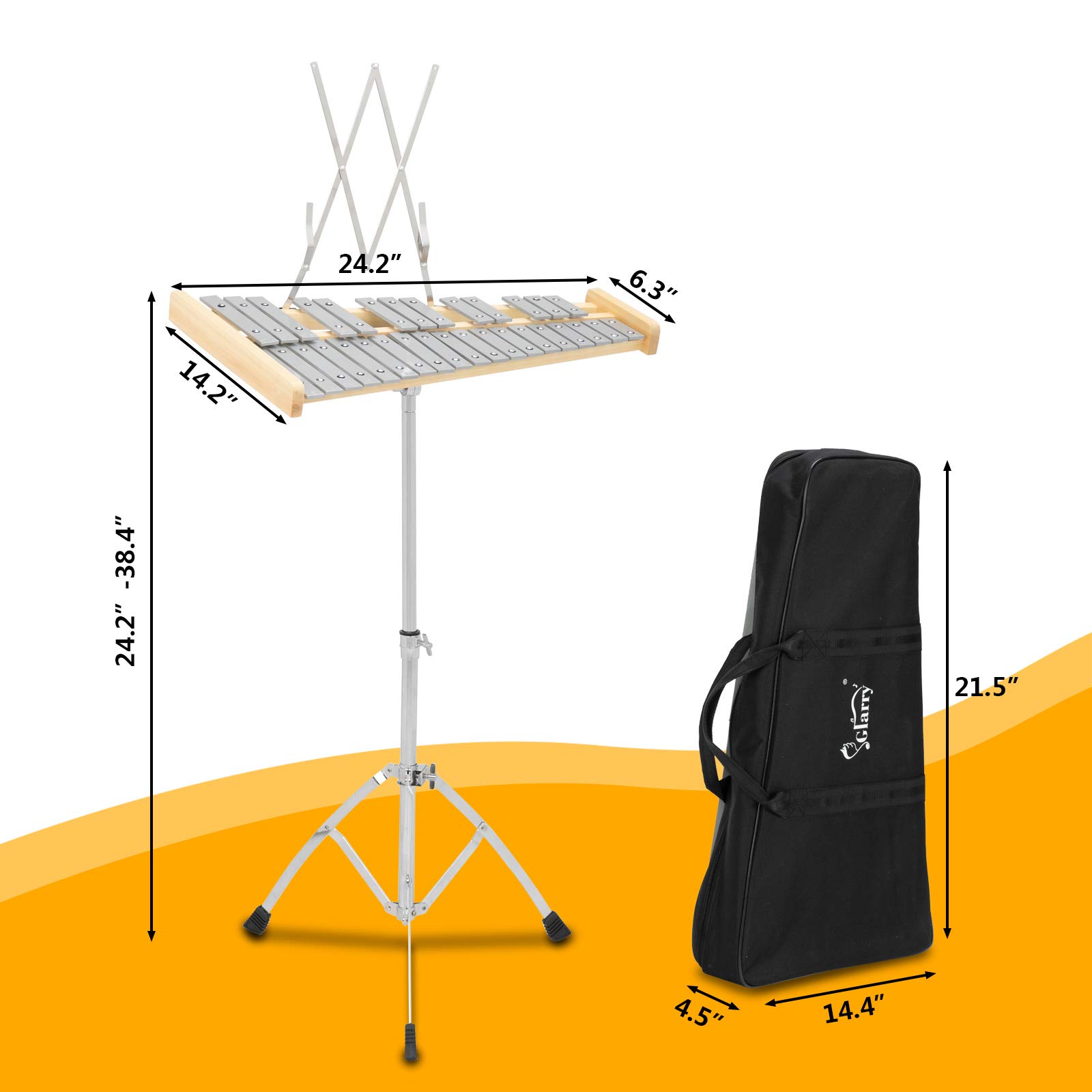 GLARRY 32 Notes Percussion Glockenspiel Bell Kit Xylophone Instrument Set with 8" Practice Pad, Music Stand, Mallets, Drum Sticks and Carrying Bag