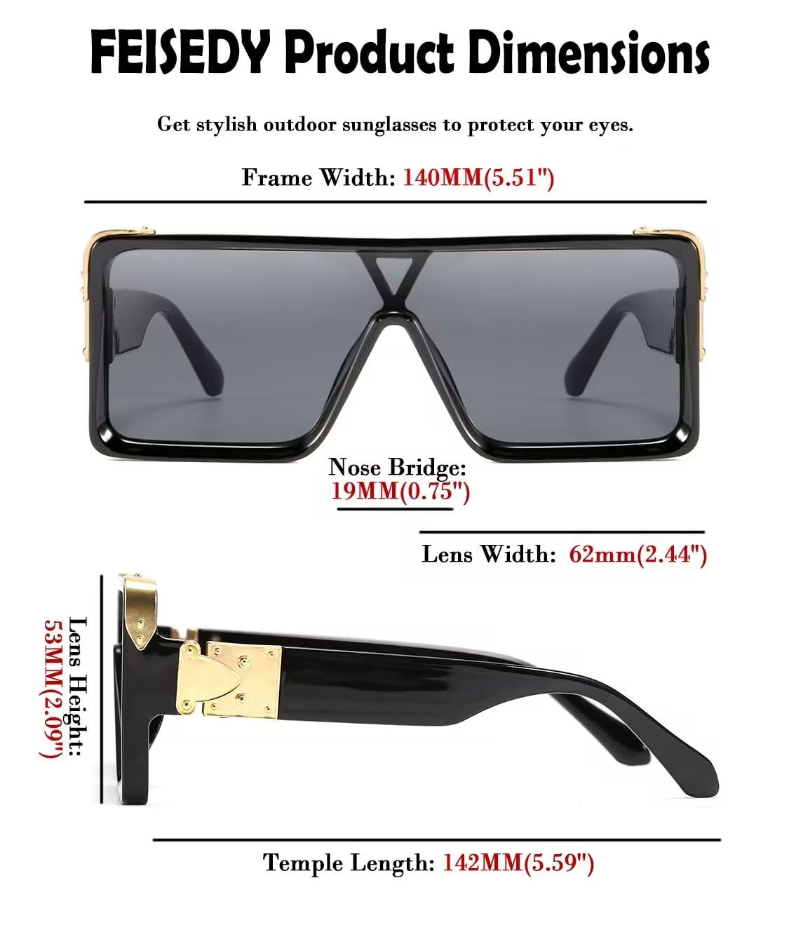 FEISEDY One Piece Square Sunglasses Women Men Metal Buckle Design B2540
