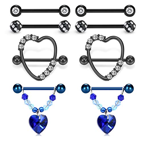 FECTAS Nipple Rings Shields Piercing Barbells Set 316L Stainelss Steel Nipple Barbell for Women 14G 4 Pairs