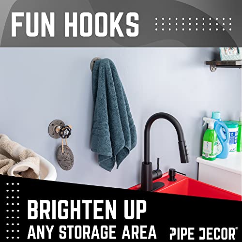 PIPE DECOR Coat Hook Black Industrial Water Spigot Valve Wall Mount with Real Iron Plumbing Flange for Home, Office or Retail Space 2-Pack