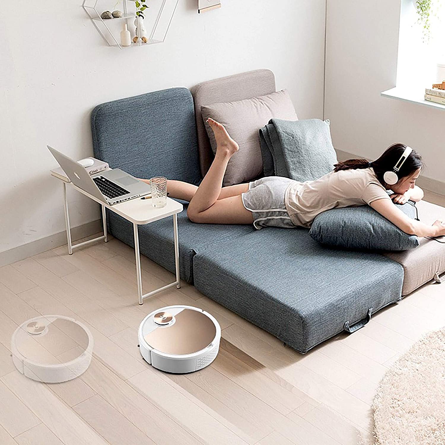 MEGCCR 3 in 1 Intelligent Sweeping Robot, Automatic Cleaner Lazy Multifunctional Vacuum Cleaner Home Suction Sweeping Cell Phone a Key to Start, Dry and Wet Mopping Cleaning (Silver)