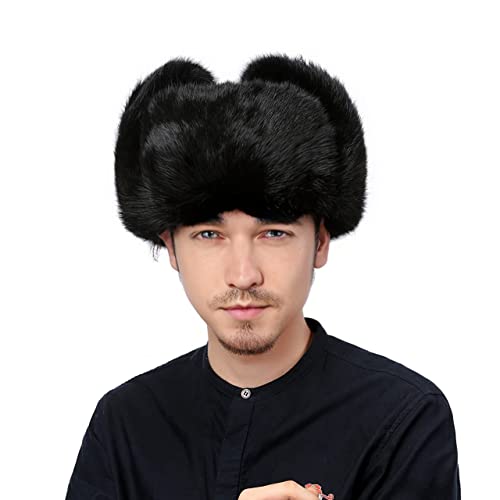 Fur Trapper Hat Winter Ushanka Russian Hat Men Fur Hats with 100% Rabbit Fur Aviator Hat with Earflaps Windproof（XL,Black）
