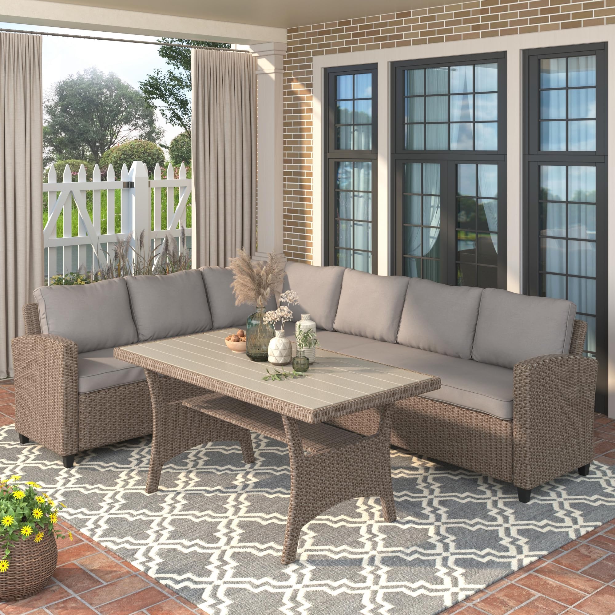 FOURBF Outdoor Patio Furniture PE Rattan Wicker Conversation Set All-Weather Sectional Sofa Set with Table & Soft Cushions (Brown)