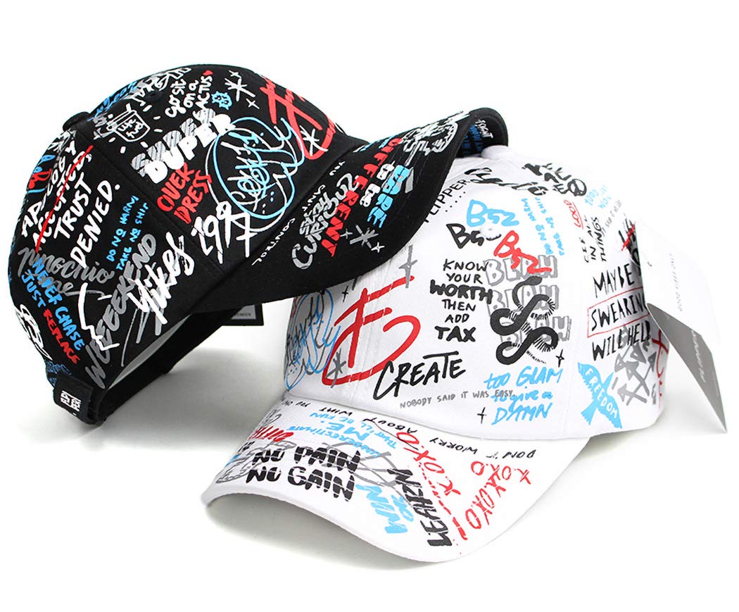 Flipper Designer Graffiti Doodle Cotton Baseball Cap for Men Women, Kpop Hat w/Curve Brim (White/Black, Free Size)