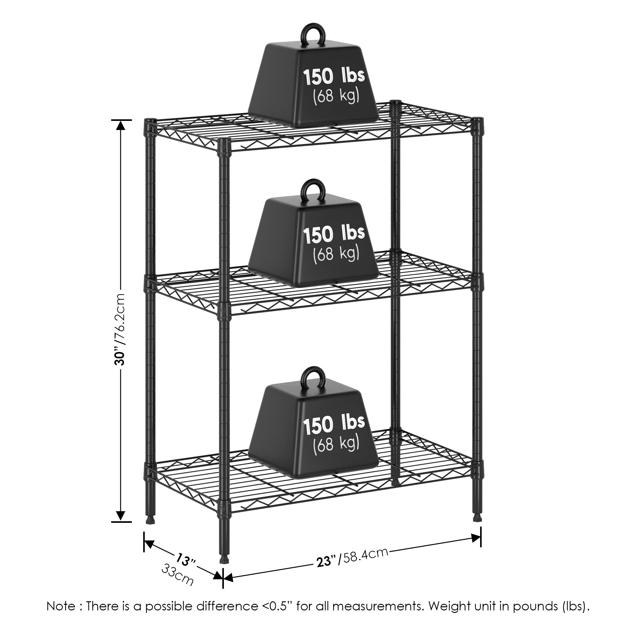 Furinno Wayar 3-Tier Metal Storage Shelf Rack, 23 x 13 x 30, Black