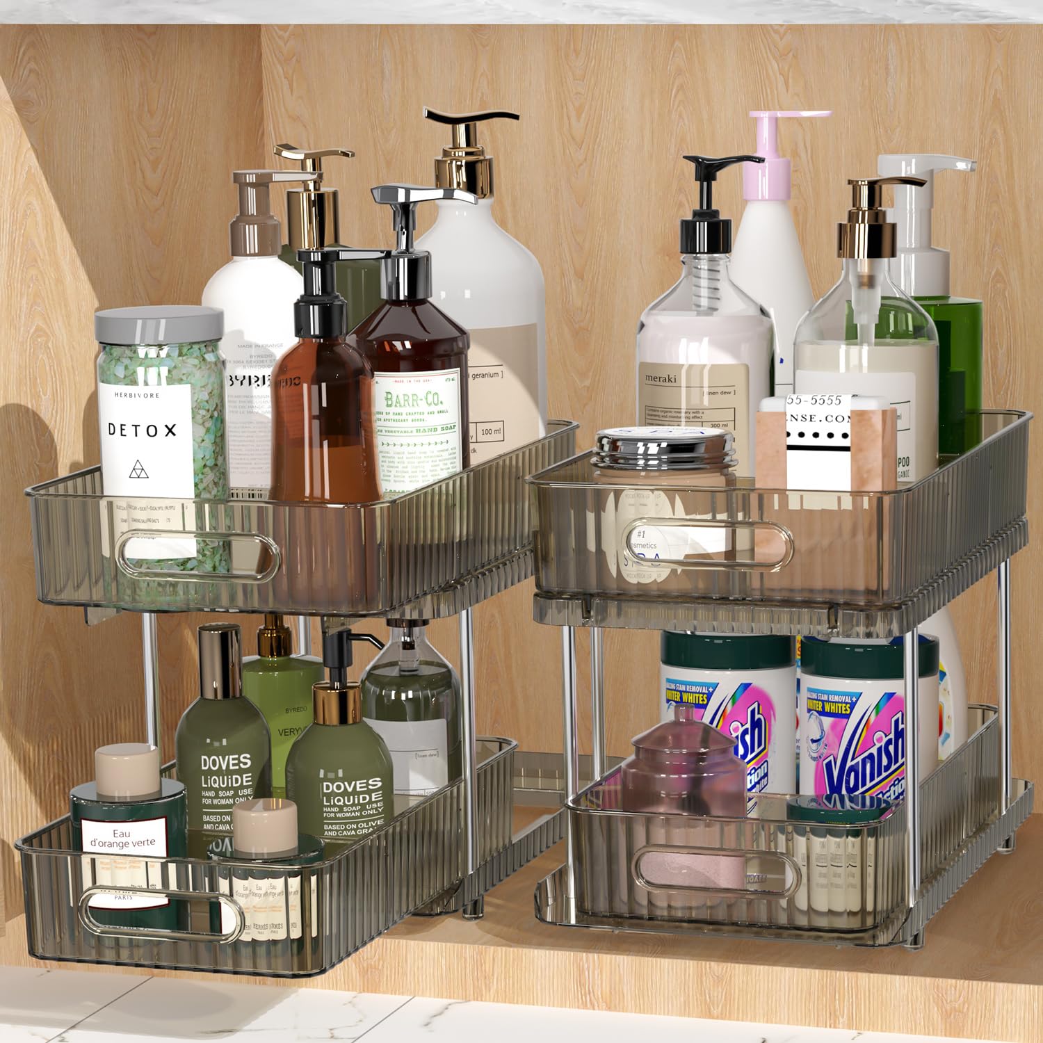 Fowooyeen Bathroom Cabinet Organizer, 2 Tier Pull Out Under Sink Organizers and Storage, Multi-Purpose Kitchen Pantry Medicine Organization and Storage Shelves Bins with Movable Dividers Grey