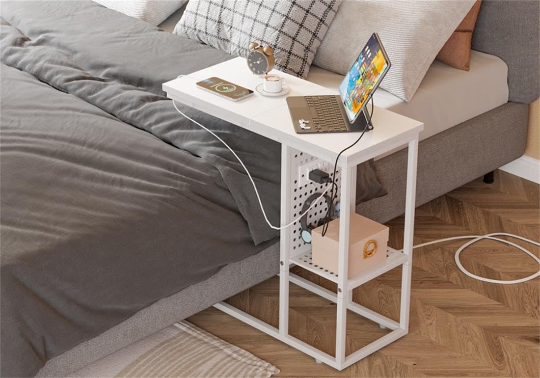 Furologee White C Shaped End Table with Charging Station, Side Table for Couch, Sofa Table with Storage Shelf, Reversible C Table/Small Coffee Table for Living Room, Metal Nightstand for Bedroom
