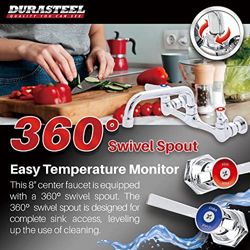 Kitchen Sink No Lead Faucet - DuraSteel 8" Center Wall Mounted Commercial Kitchen Sink Faucet with 6" Swivel Spout - NSF Certified - Dual Lever Handles - Brass Constructed & Chrome Polished