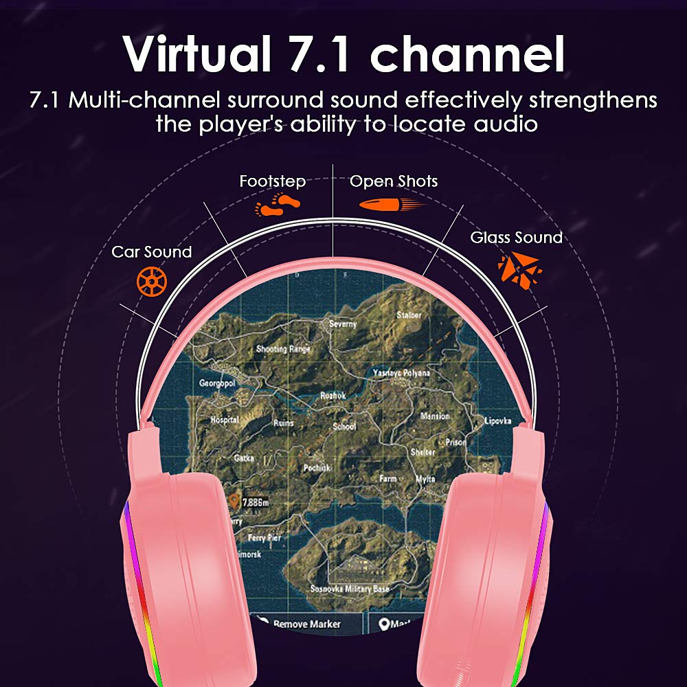 Gaming Headset with 7.1 Surround Sound,PC Lightweight Headset with Noise Canceling Mic,Bass Surround,Soft Memory Earmuffs,Rainbow LED Backlit for PC,PS4,Xbox One Controller(Adapter Not Included)(Pink)