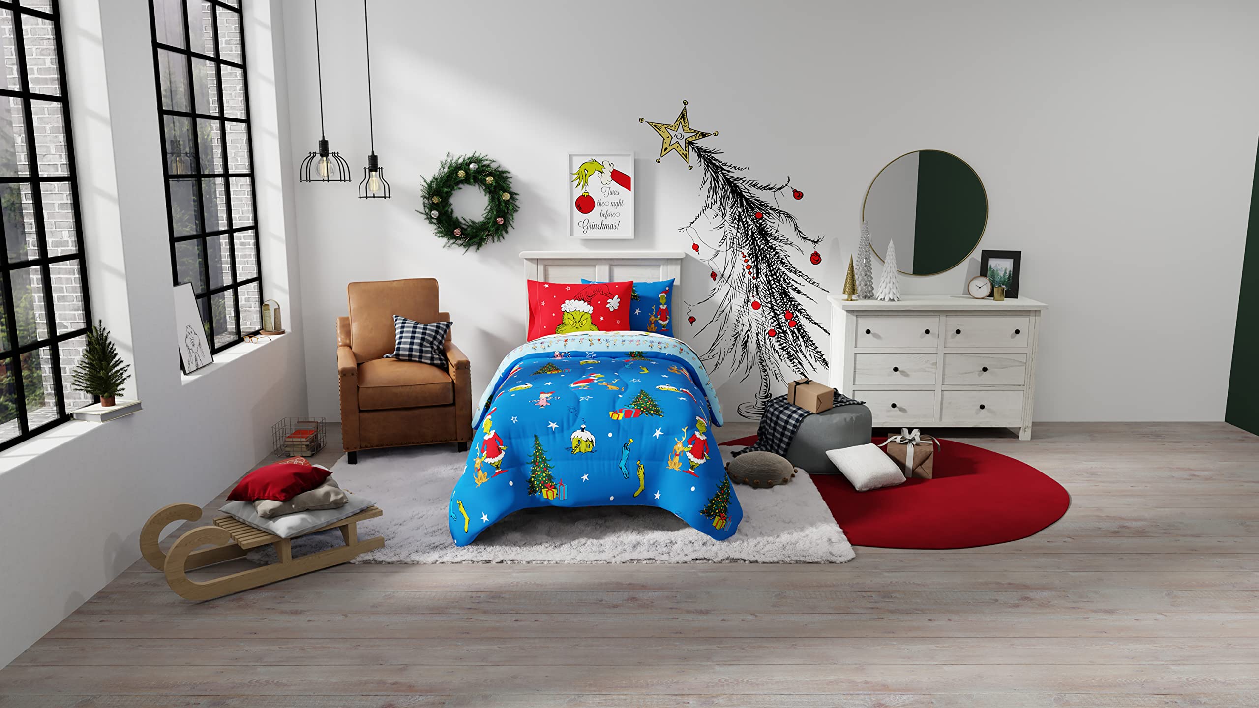Franco Grinch by Dr. Seuss Holiday & Christmas Bedding Soft Comforter and Sheet Set with Sham, 5 Piece Twin Size, (Official Dr. Seuss Product)