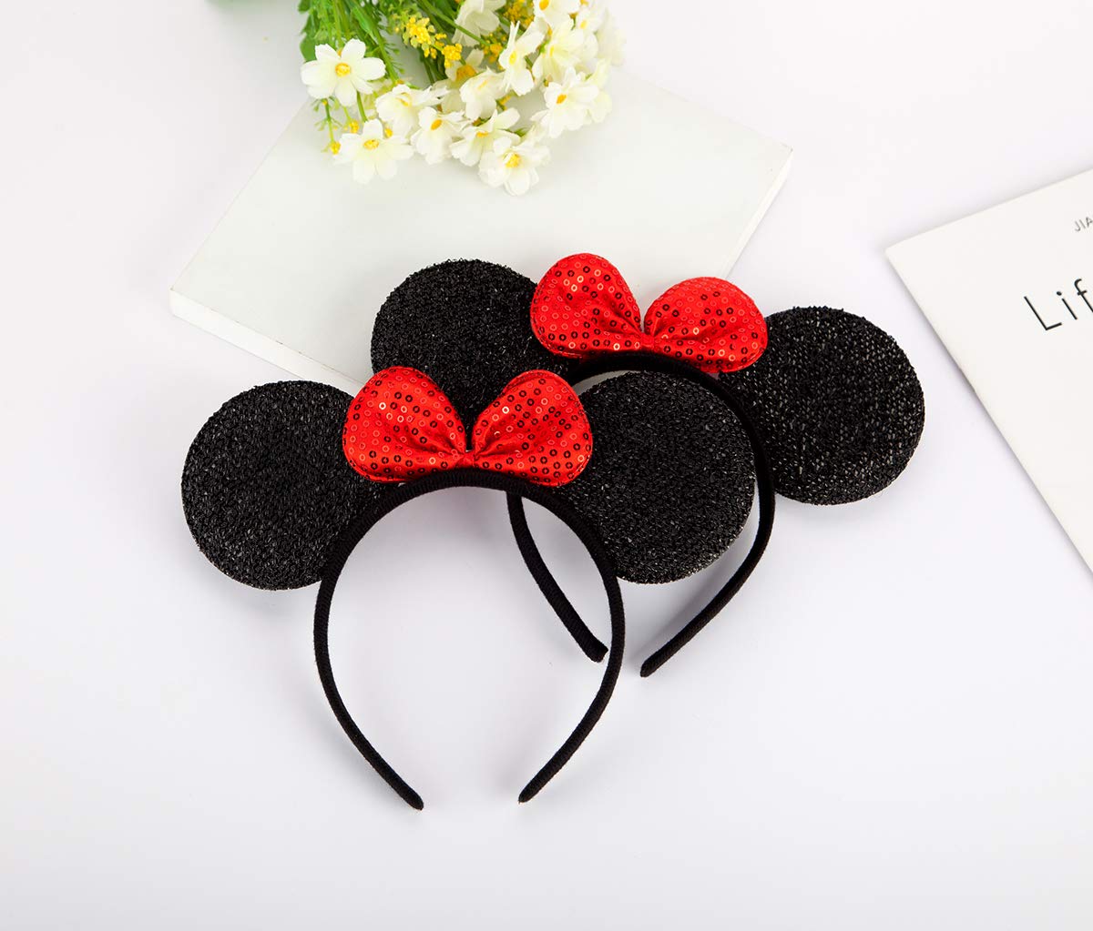 FANYITY Mouse Ears, 2 Pcs Mice Ear Costume Headbands Hair Band for Christmas Party (Red&Black)