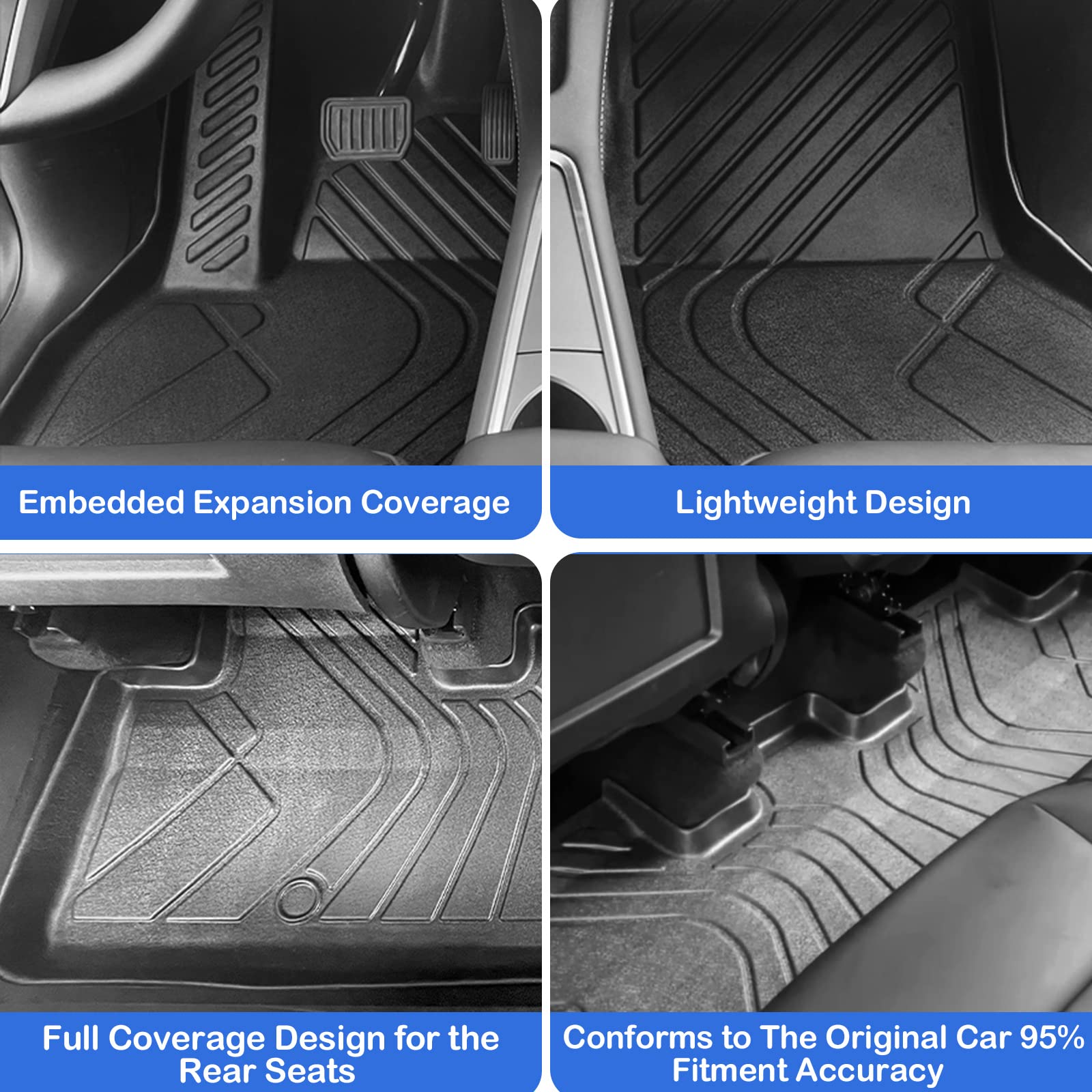 Fly5D 3PCS Tesla Model Y Floor Mats, All-weather Waterproof Non-slip Floor Mat, Custom Fit Floor Liners for Tesla Model Y 2019-2023 (1st & 2nd Row)