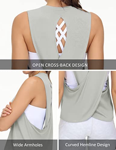 THE GYM PEOPLE Women's Open Cross Back Workout Tank Tops Loose Fit Sleeveless Yoga Running Shirts Light Grey