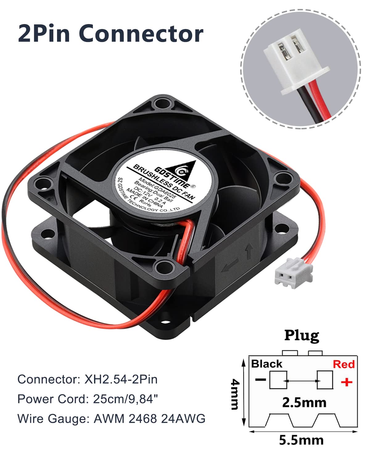 GDSTIME 2 Pack 60mm x 60mm x 25mm 12V Dual Ball Bearings DC Brushless Cooling Fan