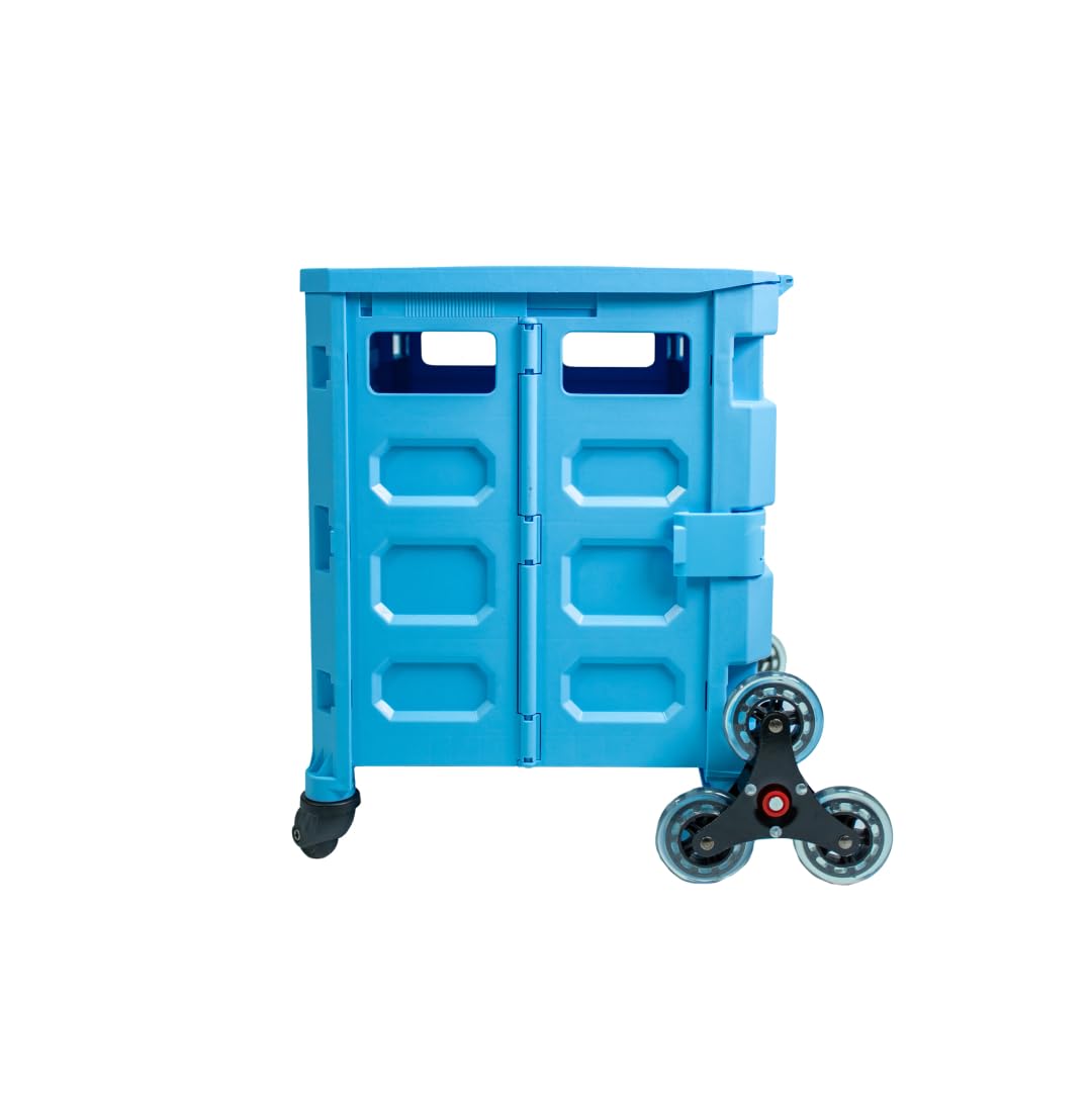 Foldable Rolling carts with Wheels, Heavy Duty Four Wheeled Stair Climber Rolling Utility Collapsible Trolley Pull Cart with Handle Perfect for Office, School, Grocery (Baby Blue)