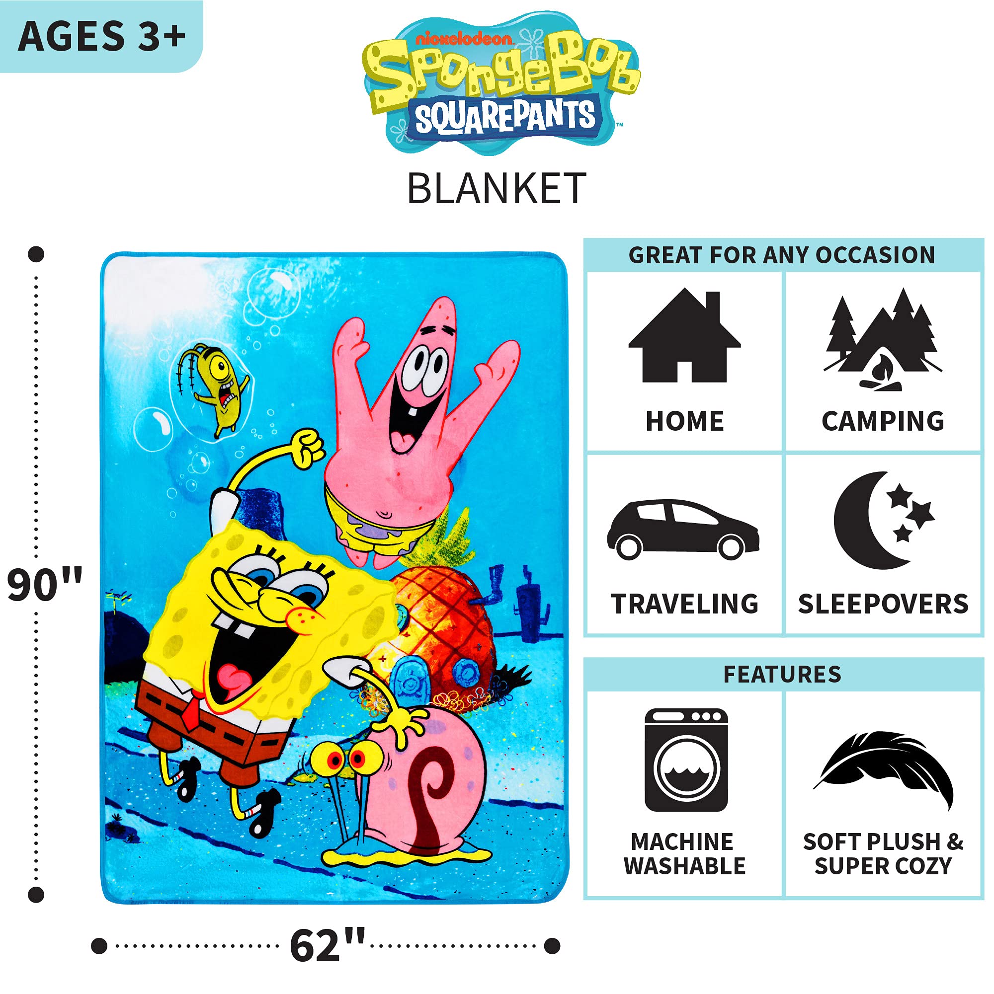 Franco Kids Bedding Super Soft Plush Micro Raschel Blanket, 62 in x 90 in, Spongebob Squarepants, Multicolour, Prints May Vary