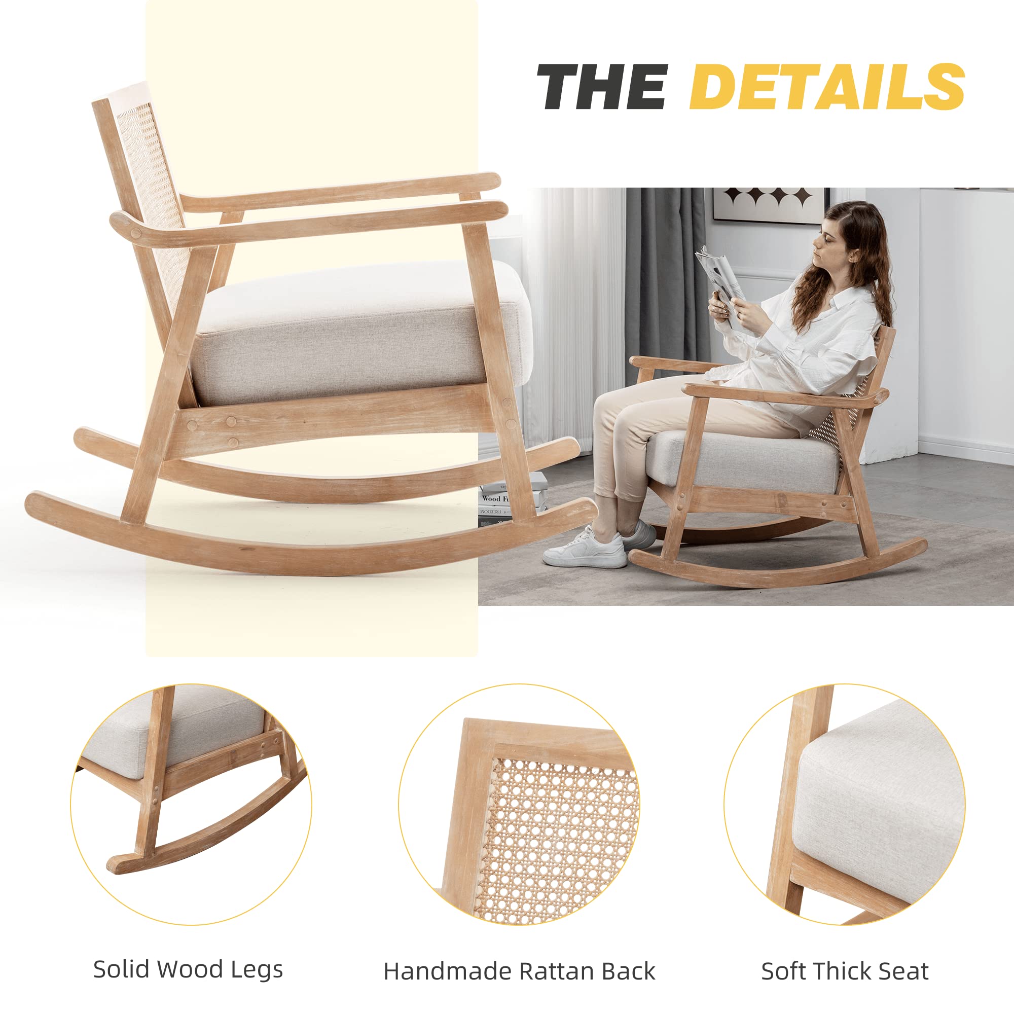 MELLCOM Nursery Rocking Chairs, Upholstered Glider Rocker with Solid Frame and Cushion, Comfy Accent Armchair for Nursery, Living Room and Bedroom