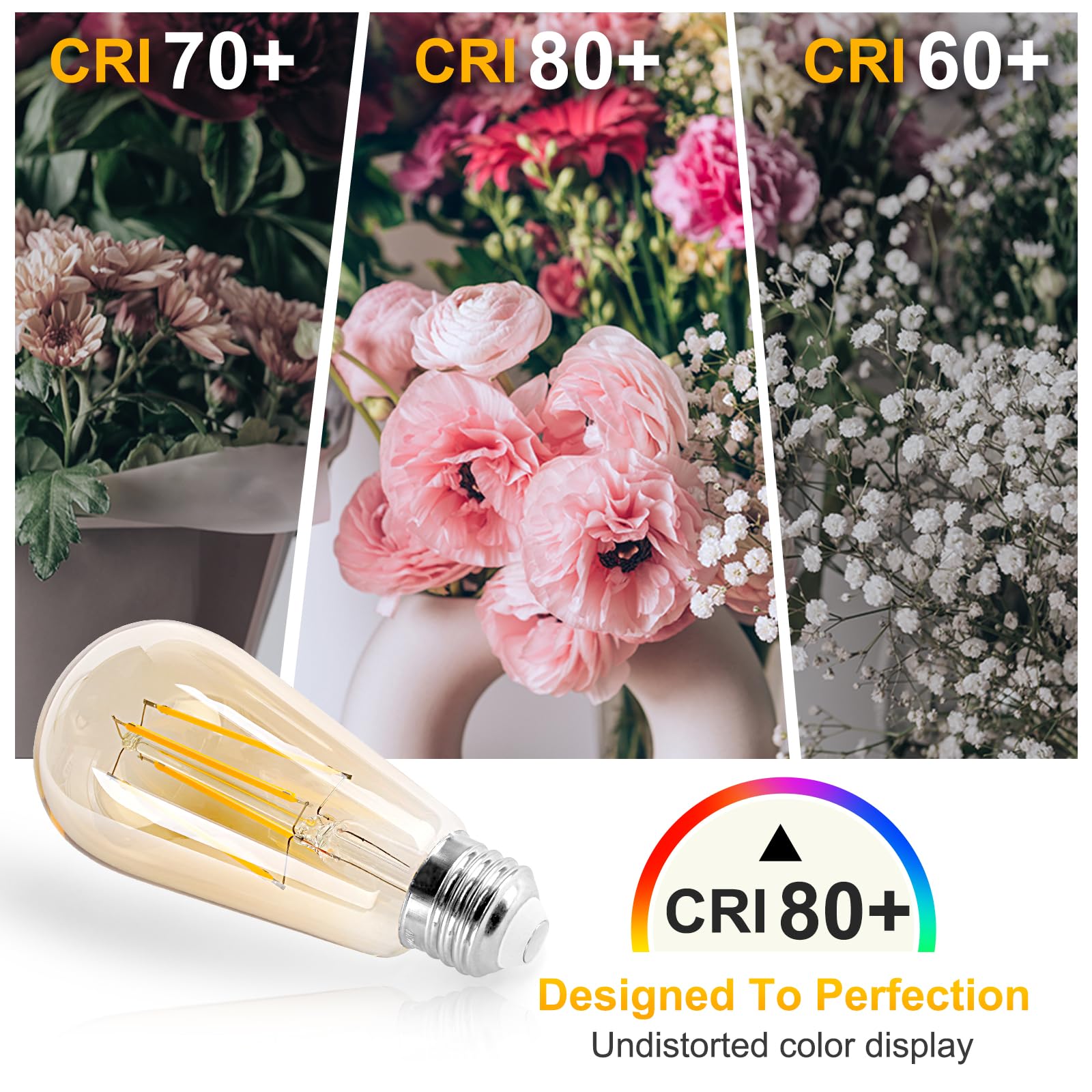 TopLeder Vintage LED Edison Bulbs 6W, Equivalent 60W Incandescent, Warm White 2700K, E26 Medium Base, Non-Dimmable, ST58 Antique LED Filament Bulbs with 80+ CRI, Amber Glass, Pack of 6