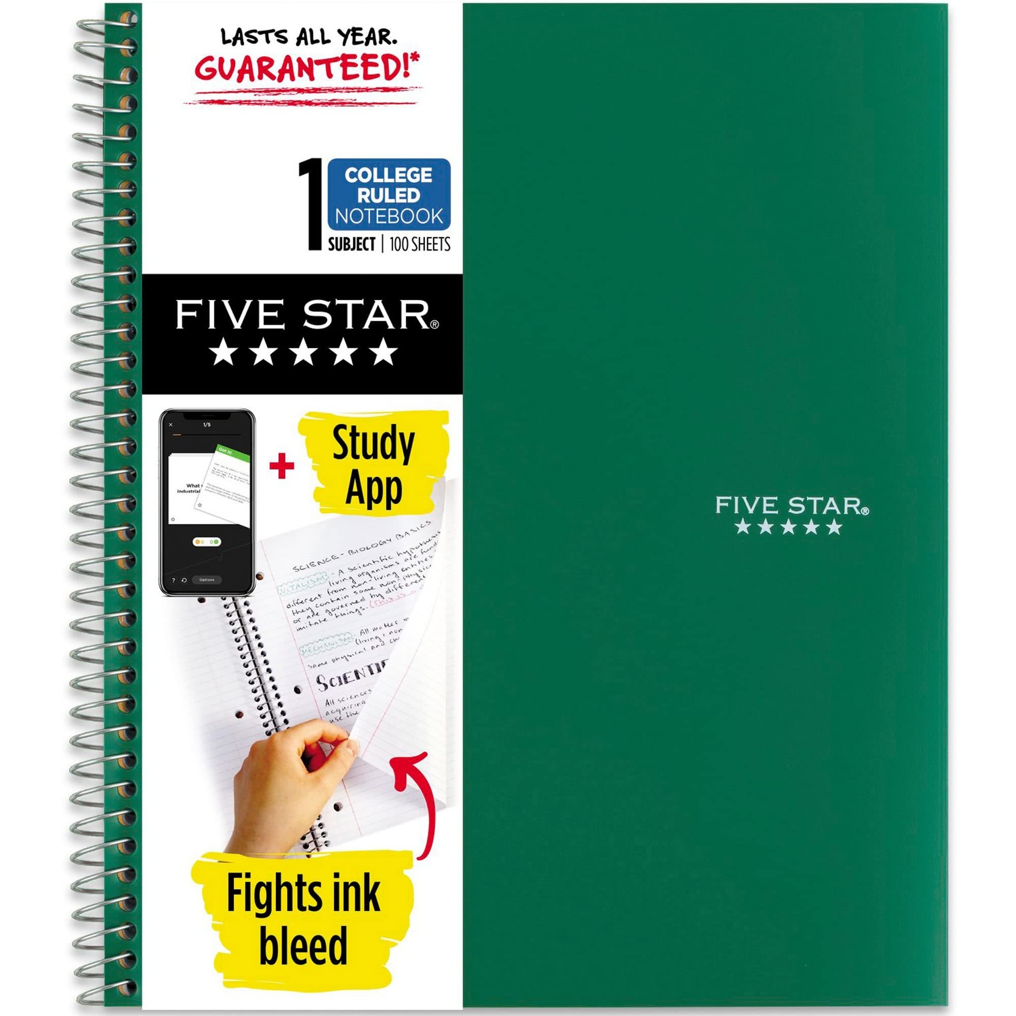 Five Star Spiral Notebook, 1 Subject, College Ruled Paper, 100 Sheets, 11" x 8-1/2", School, Wired, Green (72055)