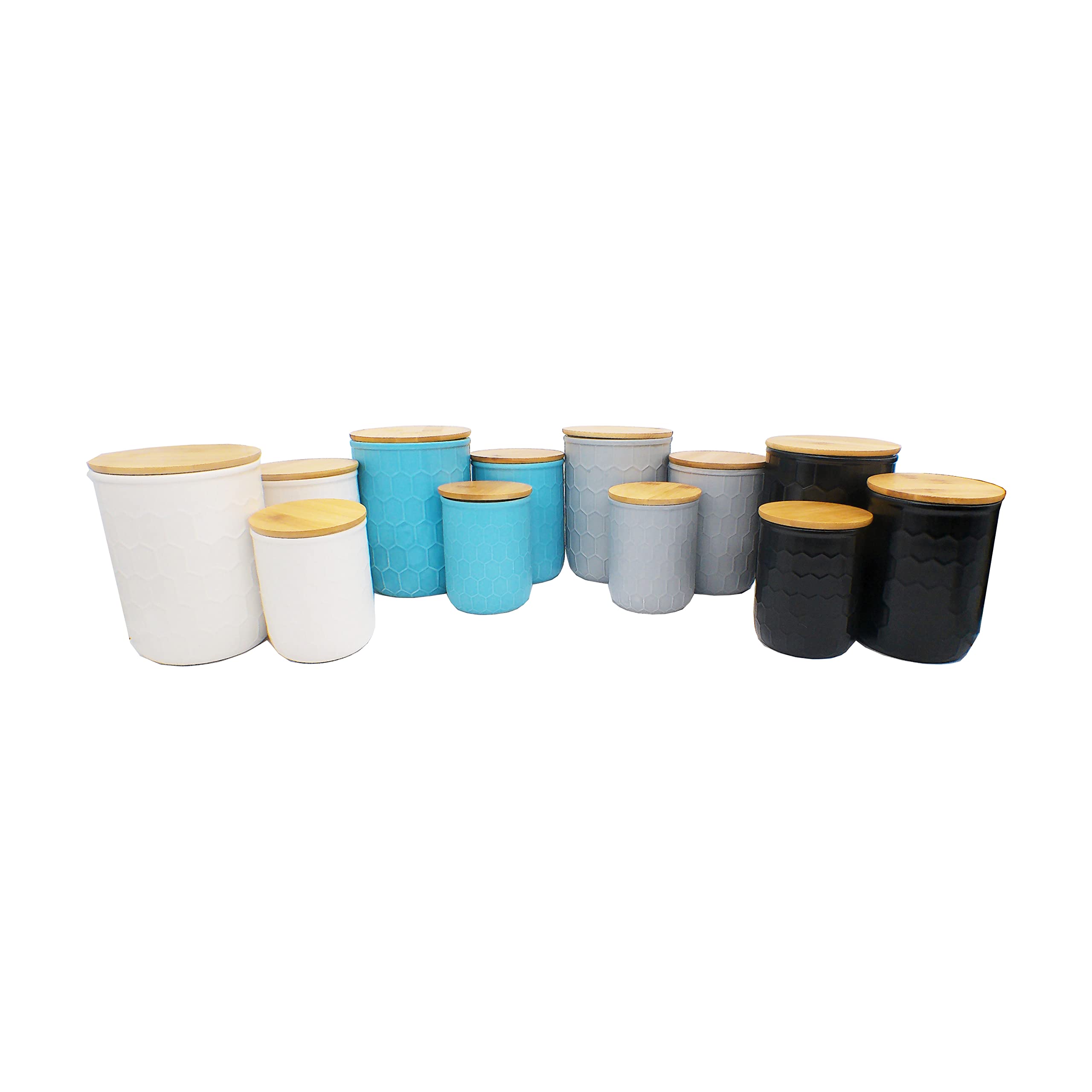 First of a Kind Kitchen Canisters - Blue Stoneware Canisters with Bamboo Lids, Set of 3 Storage Canister Container Set - Honeycomb Design, Ceramic Food Canister Jars for Tea, Sugar & Flour Storage