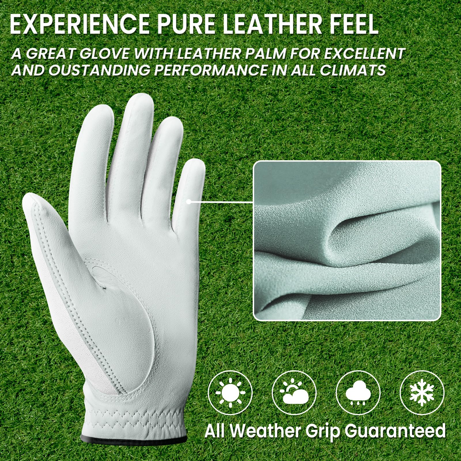 FINGER TEN Golf Gloves Men Right Left Handed Golfer 3/6 Pack Mens Golf Glove Left Right Hand Soft Cabretta Leather All Weather Grip Size S M ML L XL (White-3 Pack, Medium, Left)