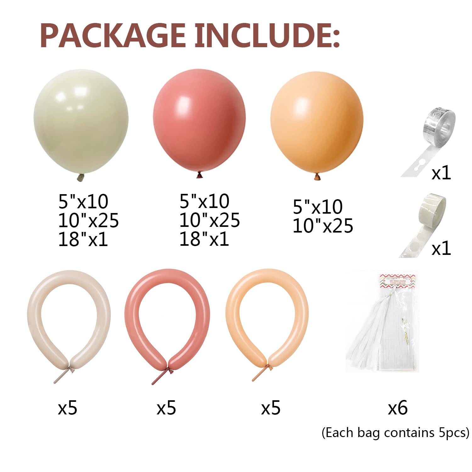 FENCYGIH 130Pcs Boho Balloon Garland Arch Kit, Boho Baby Shower Decorations with Dusty Pink Nude Sand White Long Twisting Balloons White Paper Tassels for Two Groovy Boho Rainbow Party Decorations
