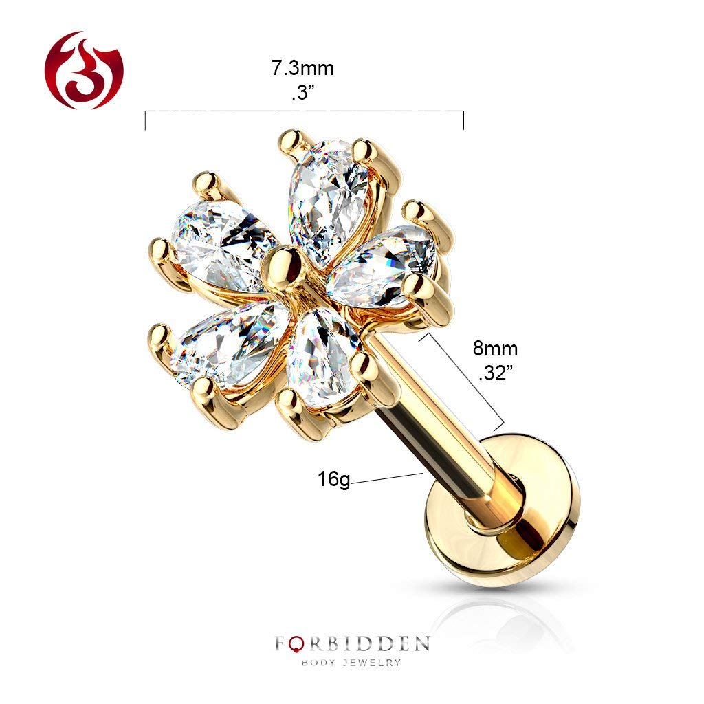 Forbidden Body Jewelry 16g 8mm Internally Threaded Cartilage, Tragus, Labret & Monroe Stud w/CZ Floral Top, 14k Gold Plated