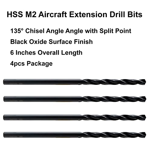 MAXTOOL 3/16"x6" 4pcs Identical Aircraft Extension Drills HSS M2 Extra Long Deep Twist Drill Bits Straight Shank Fully Ground Black; ACF02B06R12P4