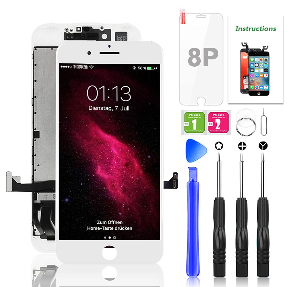 for iPhone 8 Plus Screen Replacement White 5.5 inch,YOXINTA 3D Touch LCD Screen Digitizer Replacement Frame Display Assembly Set with Repair Tool Kit (iPhone 8 Plus Screen, White)