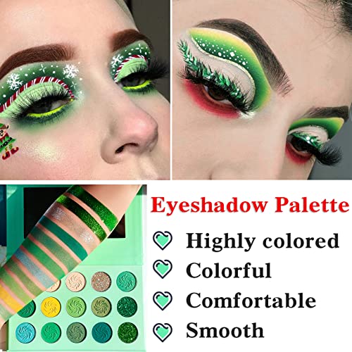 Green Eyeshadow Palette,QIUFSSE 15 Colors Eye Shadow Pallete Sets Highly Pigmented Matte Glitter Colorful Long Lasting Blendable Forest Emerald Green Yellow Makeup Pallet for Women Christmas Halloween