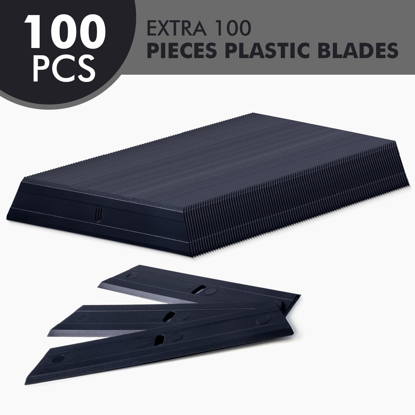 FOSHIO 2-Pack Plastic Razor Blade Scraper with 100pcs Single Edge Plastic Razor Blades, Extra Big Plastic Scraper Tool for Removing Paint Spots, Adhesive, Gasket, Decal, Labels and Stickers (Black)