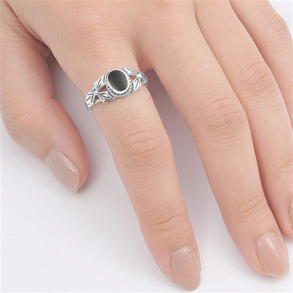 Filigree Simulated Black Onyx Polished Ring New .925 Sterling Silver Band Size 6