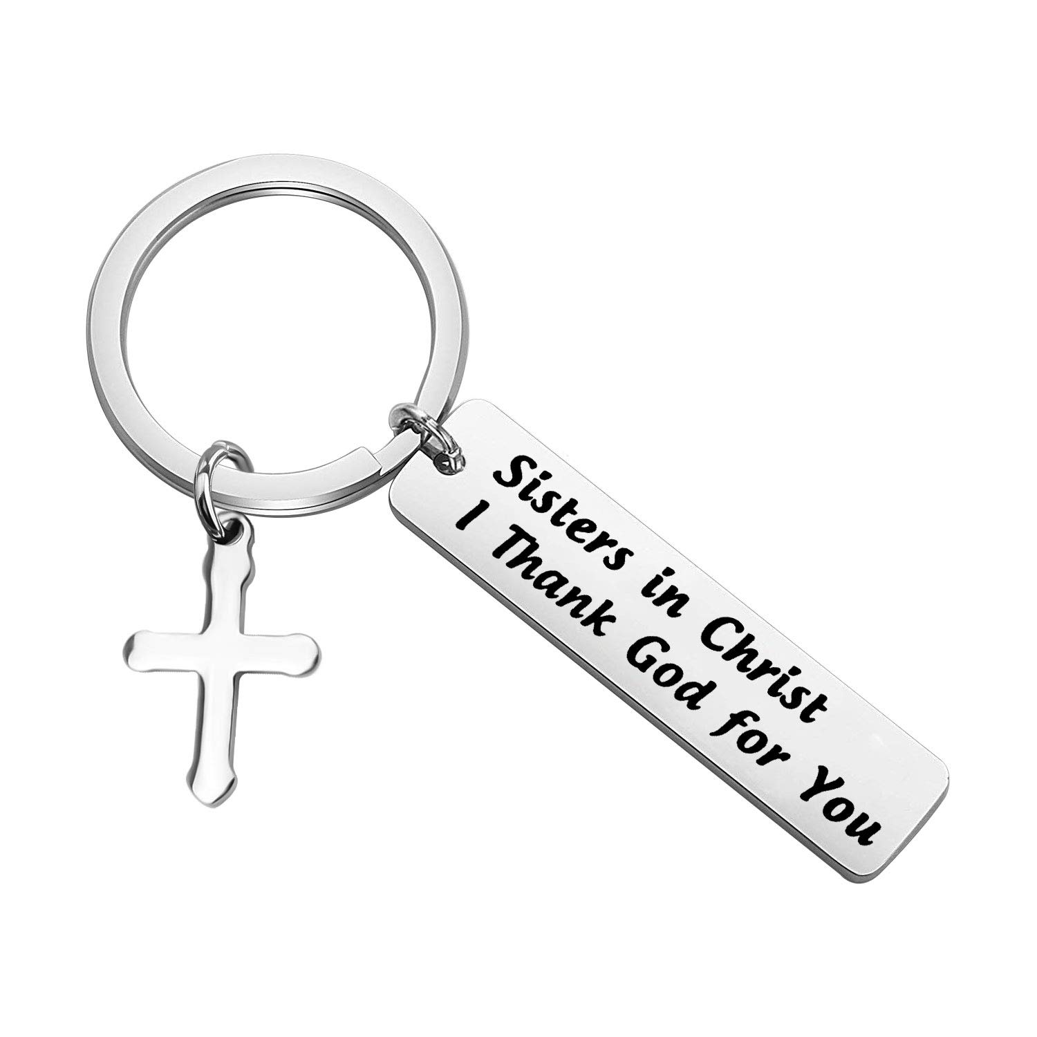 FEELMEM Christian Sister Gift Sisters in Christ I Thank God for You Keychain Religious Sister Jewelry Baptized in Christ Gift(silver)