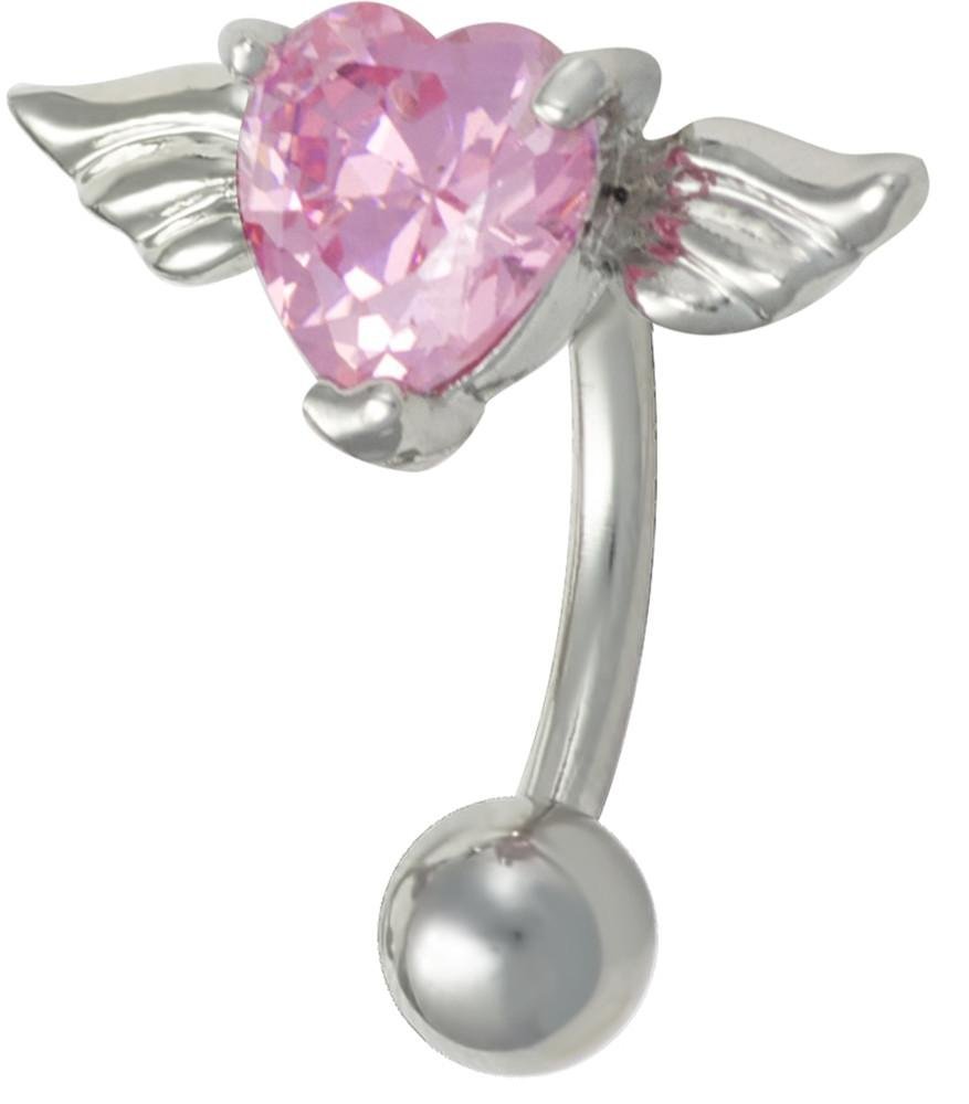 Forbidden Body Jewelry Surgical Steel Reverse Mount Pink Jeweled Heart Angel Wings Belly Button Ring