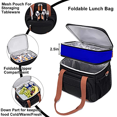 Weitars Lunch Bag For Women Men-Dual Compartment Large Lunch Box For Men Adult Lunch Box For Nurse Office Working Picnic Hiking (15L, Black/kahki)